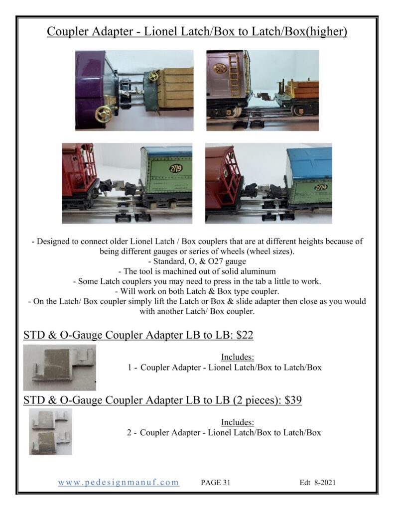 Coupler Adapter – STD & O Ga Lionel Latch/ Box to Latch/Box (1/4 ...